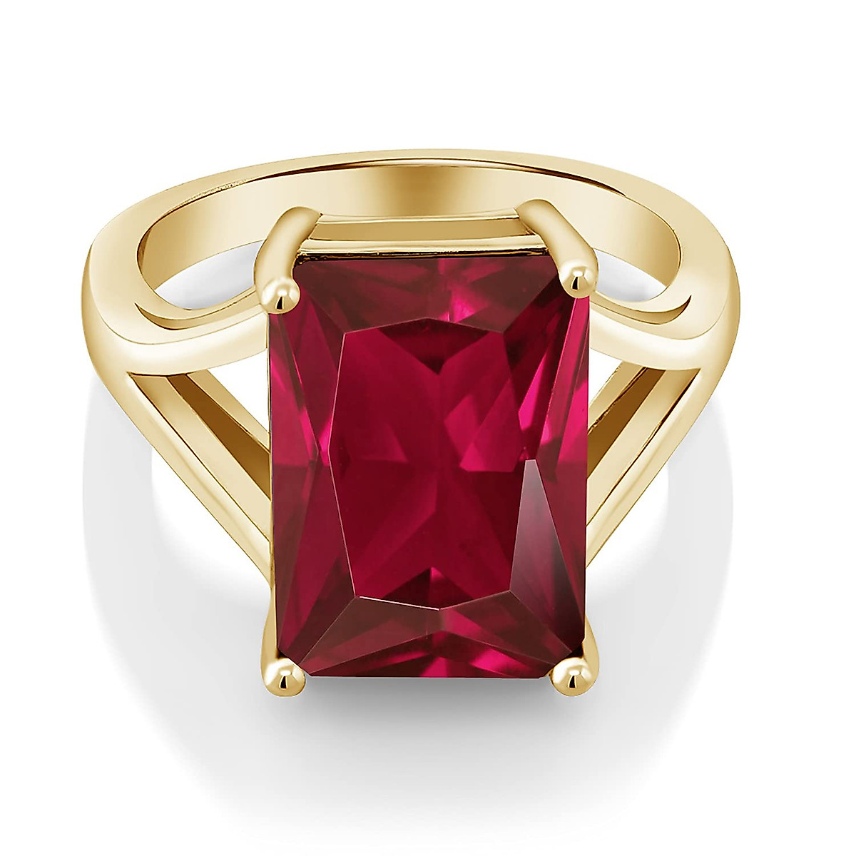 Gem Stone King 18K Yellow Gold Plated Silver Emerald Cut Created Ruby Solitaire Ring For Women (8.00 Cttw Available In Size 5, 6, 7, 8, 9)