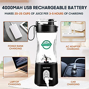Spardar Portable Blender for Shakes and Smoothies with USB, 4000mAh Portable Blender 6pcs 3D Blades Strong Blending Power Personal Blender, BPA-Free Portable Juicer Smoothie Maker (Black A1)