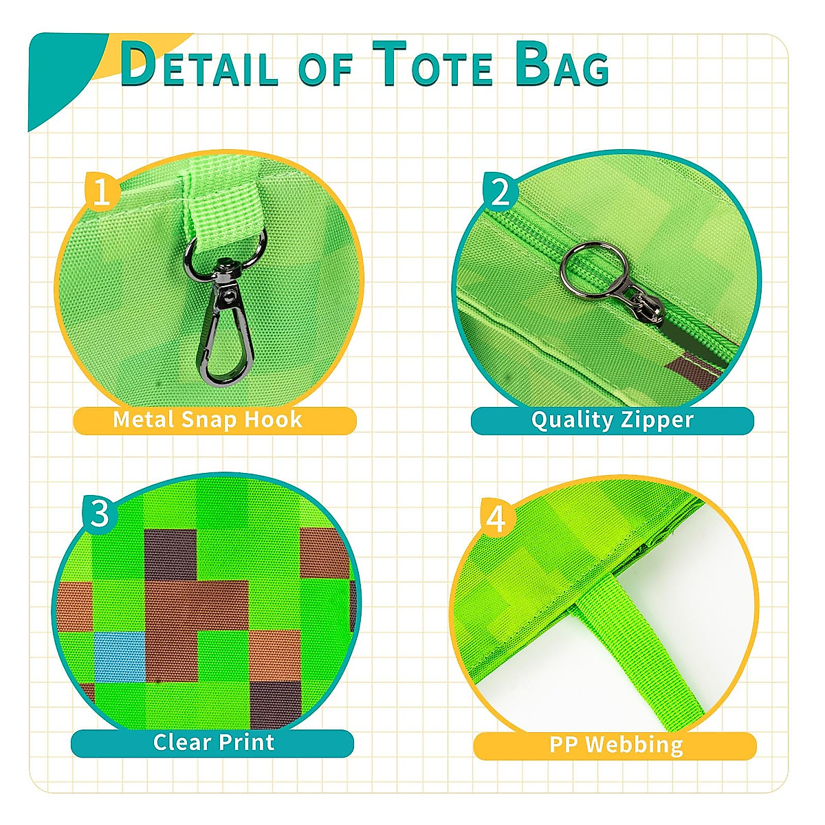 Kids Cute Tote Bags for Boys Girls Ages 4-16,Handbags with Pencil Case, Book Tote Bags with Zipper for School and Playtime (green)