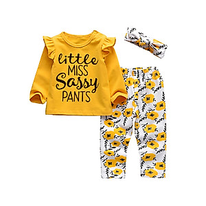 3Pcs Baby Girl Clothes Little Miss Sassy Pants Long Sleeve Letter Tops Flowers Pants and Headband Outfit Set (18-24 Months)