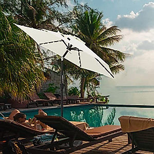 FLAME&SHADE 7.5 ft Solar Powered Outdoor Market Patio Table Umbrella with LED Lights and Tilt, Ivory