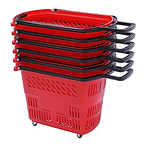 6PCS Shopping Carts with Wheels and Handle, Plastic Shopping Basket Red 35L, Portable Rolling Shopping Basket Set in Supermarkets and Retail Stores Laundries