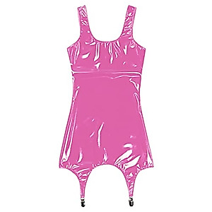 YiZYiF Women's Wetlook Sexy U Neck Sleeveless Bodycon Latex Short Mini Dress with Garter Belt Hot Pink Small