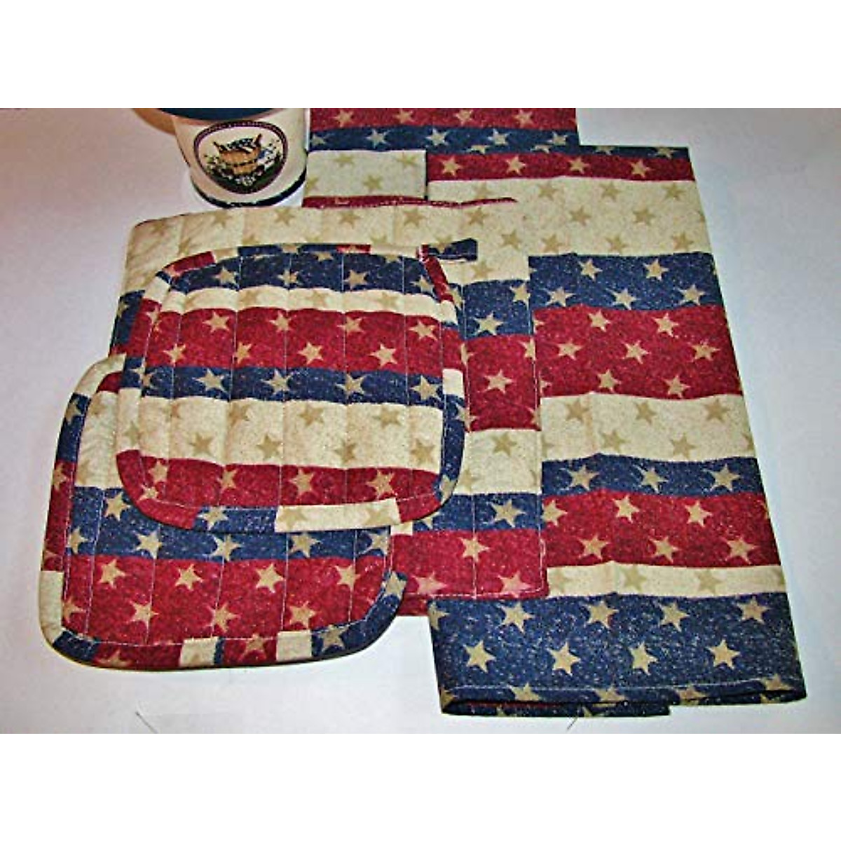 Stars & Stripes Patriotic Kitchen Linens Set (5 Pieces Total) 2 Tea Towels 2 Pot Holders 1 Hotpad Made In USA Patriotic Red Off-White Blue Stars Glitter 100% Cotton Custom Made-To-Order