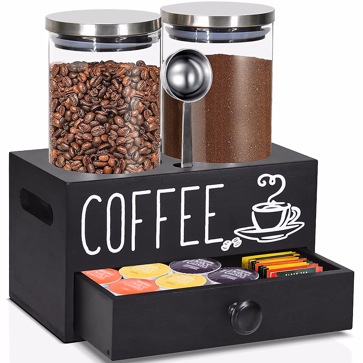 Glass Coffee Containers with Shelf, Coffee Bean Storage Container with Airtight Lids, Coffee Container for Ground Coffee, Coffee Bar Accessories Organizer with Drawer, Food Storage Jars for Kitchen