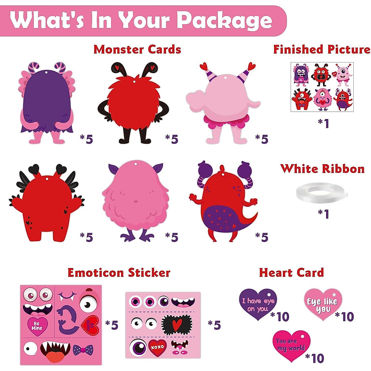 Haooryx Valentine's Paper Craft Kits - 30Pcs DIY Monster Paper Hanging Ornaments Make Your Own Valentine's Day Exchange Gift Card Decorations Kids Home Decor Classroom Mix Match Art Handcraft Supplies