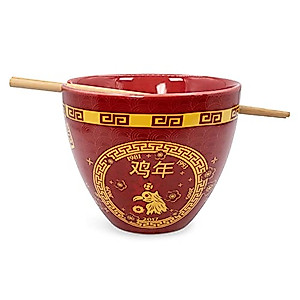 Year Of The Rooster Chinese Zodiac Ceramic Dinnerware Set | Includes 16-Ounce Ramen Noodle Bowl and Wooden Chopsticks | Asian Food Dish Set For Home & Kitchen | Kawaii Lunar New Year Gifts
