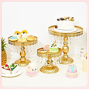 3 Pcs Rose Gold Cake Stand Set Round Cake Stand with Crystal Bling Pendants Dessert Table Display Set for Wedding Event Birthday Party Dessert Table (Gold)
