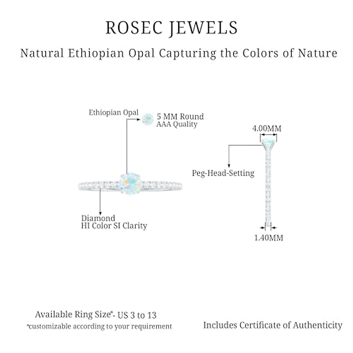 Rosec Jewels Certified Natural Opal Promise Ring, AAA Quality, Opal Diamond Pinky Ring For Women (Ready to Gift), 14K White Gold, Size:US 5.00