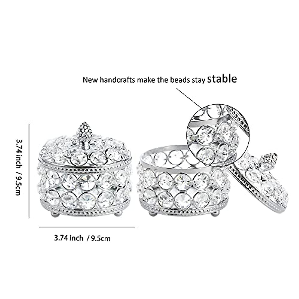 Feyarl Clear Crystal Jewelry Trinket Box Organizer Earrings Rings Treasure Storage Keepsake with Glass Mirror Surface Inside for Dresser Room Deco Valentine Christmas Birthday Gift (Silver)