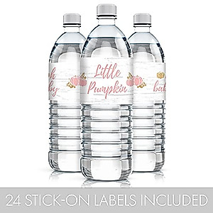 Pink and Gold Little Pumpkin Girl Baby Shower Water Bottle Labels - Fall Themed Waterproof Wrappers - 24 Count