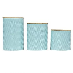 Home Basics Wave 3 Piece Ceramic Canister Set With Bamboo Tops, Turquoise