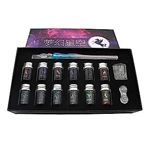 XIAOYU 15 Pieces Glass Dip Pen Set, Handmade Starry Sky Calligraphy Pen and 12 Bottle Inks, Calligraphy Set for Beginners, Lake Blue