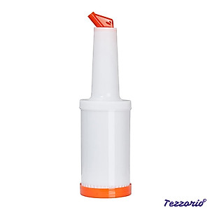 Tezzorio Store N Pour 1 Qt. Bottle with Orange Pour Spout and Cap, 32 oz Flow-N-Stow Fruit Juice/Liquor Bar Storage Container, Bartender Supplies