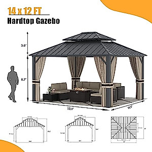 ALAULM 12' x 14' Hardtop Gazebo, Outdoor Patio Aluminum Gazebo with Aluminum Double Roof, Permanent Pavilion w/Curtains and Netting for Backyard, Patio, Deck, Garden-Sand