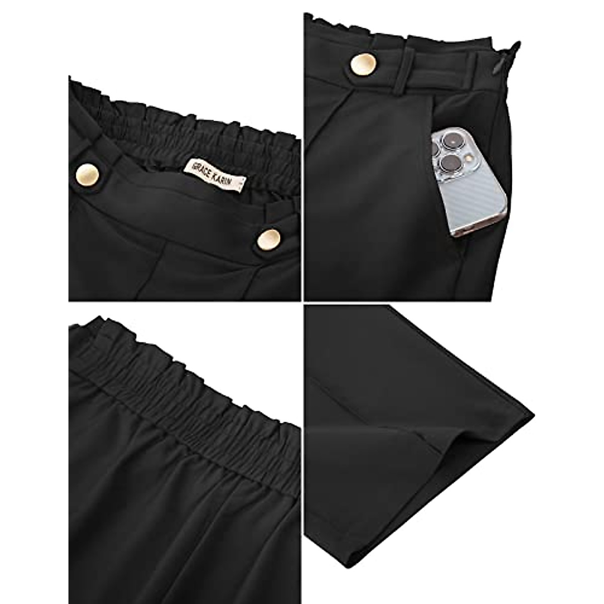 GRACE KARIN Women's Straight Leg Cropped Dress Pants Elastic High Waist Wide Leg Business Casual Slacks Capris with Pocket Black L