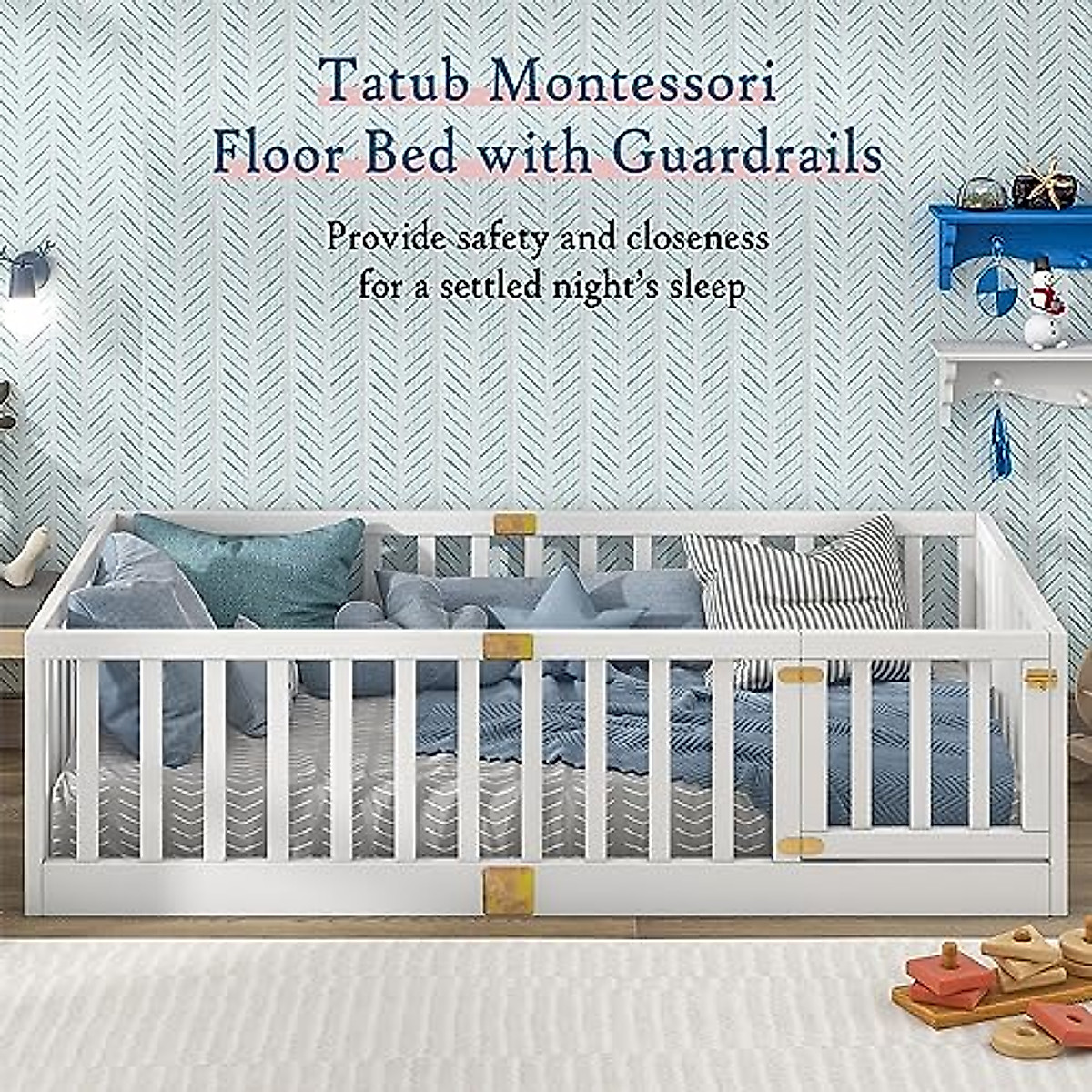 Tatub Twin Floor Bed with Safety Guardrails and Door, Montessori Floor Bed for Kids, Wood Kids Floor Beds Frame, Door Can Install Left and Right, Twin-White