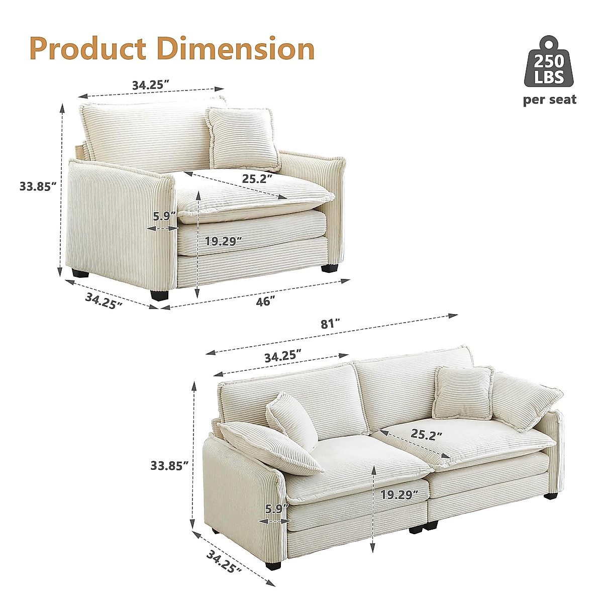 Aoowow 3 Pieces Modular Sectional Sofa Set with Loveseat Couch and 2 Sofa Chair,Modern Corduroy Comfy Cloud Deep Seat Couches Set with Throw Pillows and Arm Pillows for Living Room Apartment(Beige)