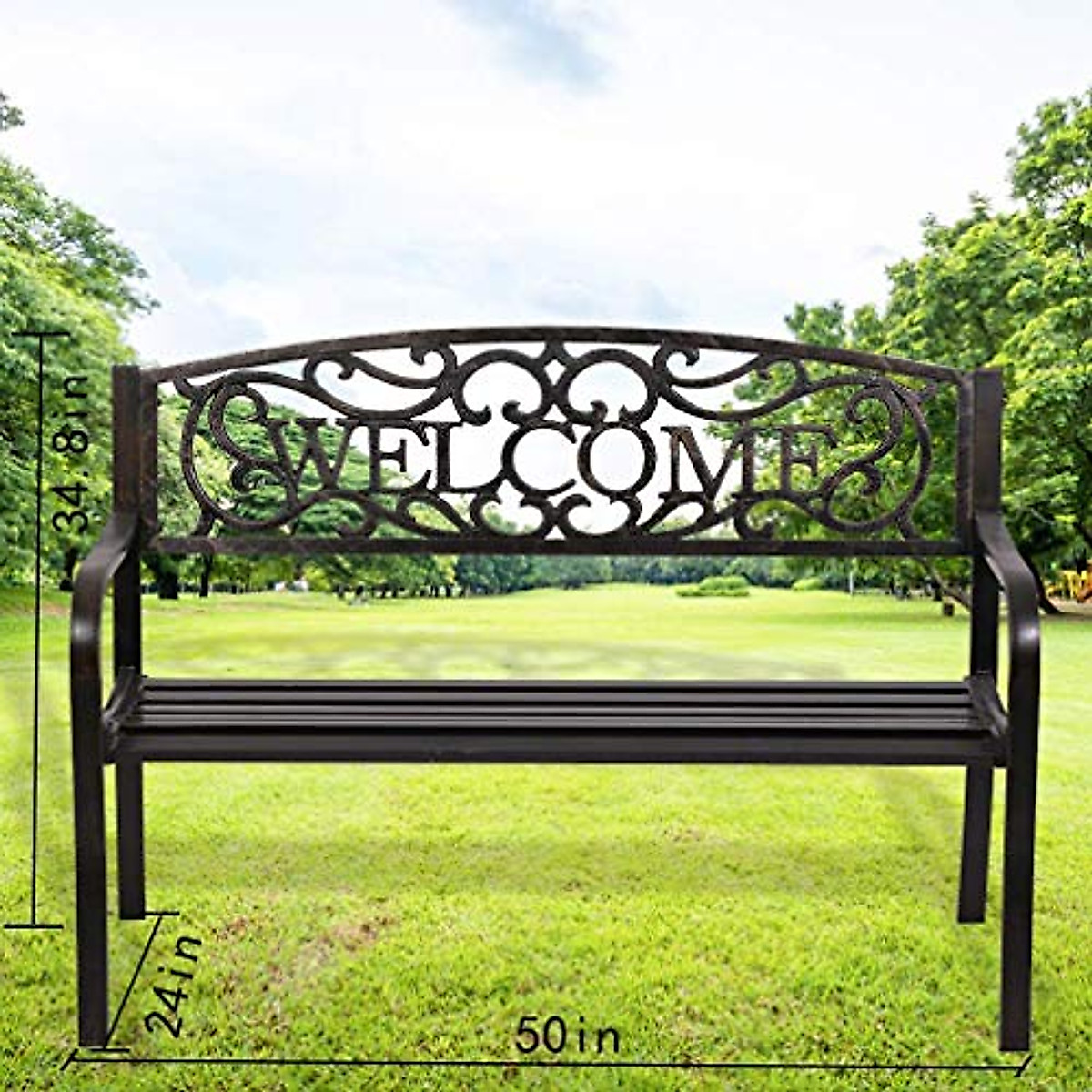 50" Patio Garden Outdoor Bench w/Welcoming Vines Decorative & Armrest Metal Park Bench Antique Bronze Outside Patio Furniture for Front Porch, Backyard, Lawn, Garden, Pool, Dec