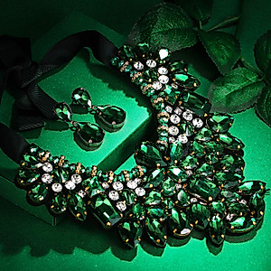 Flyonce Costume Jewelry for Women, Rhinestone Crystal Statement Necklace Earrings Set Emerald Color