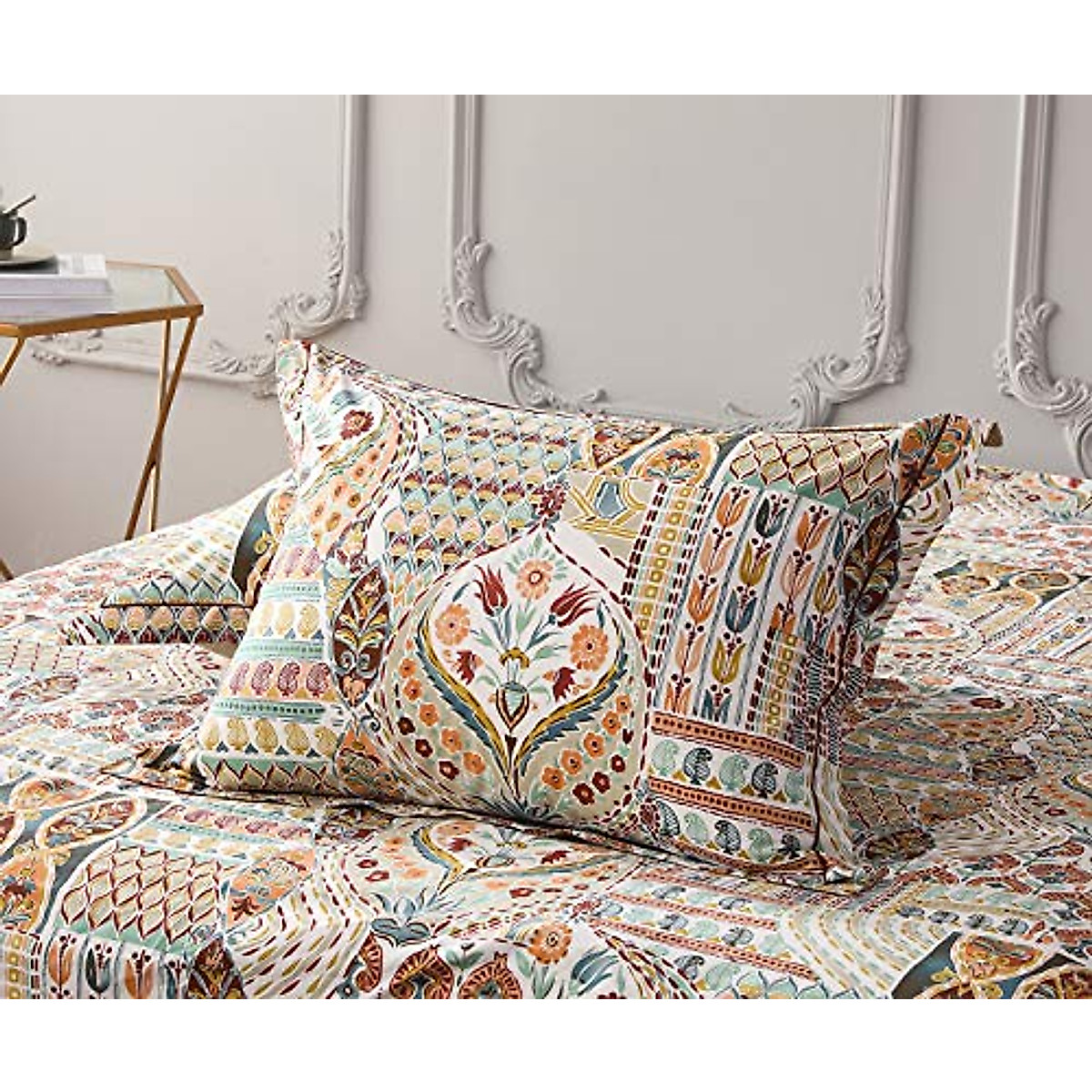 SLEEPBELLA Duvet Cover Queen Size, 600 Thread Count Cotton Beige & Dark Red Printed with Luxurious Botanical Pattern Boho Comforter Cover Sets, Bedding Set 3Pcs (Queen, Beige-Bohemian)
