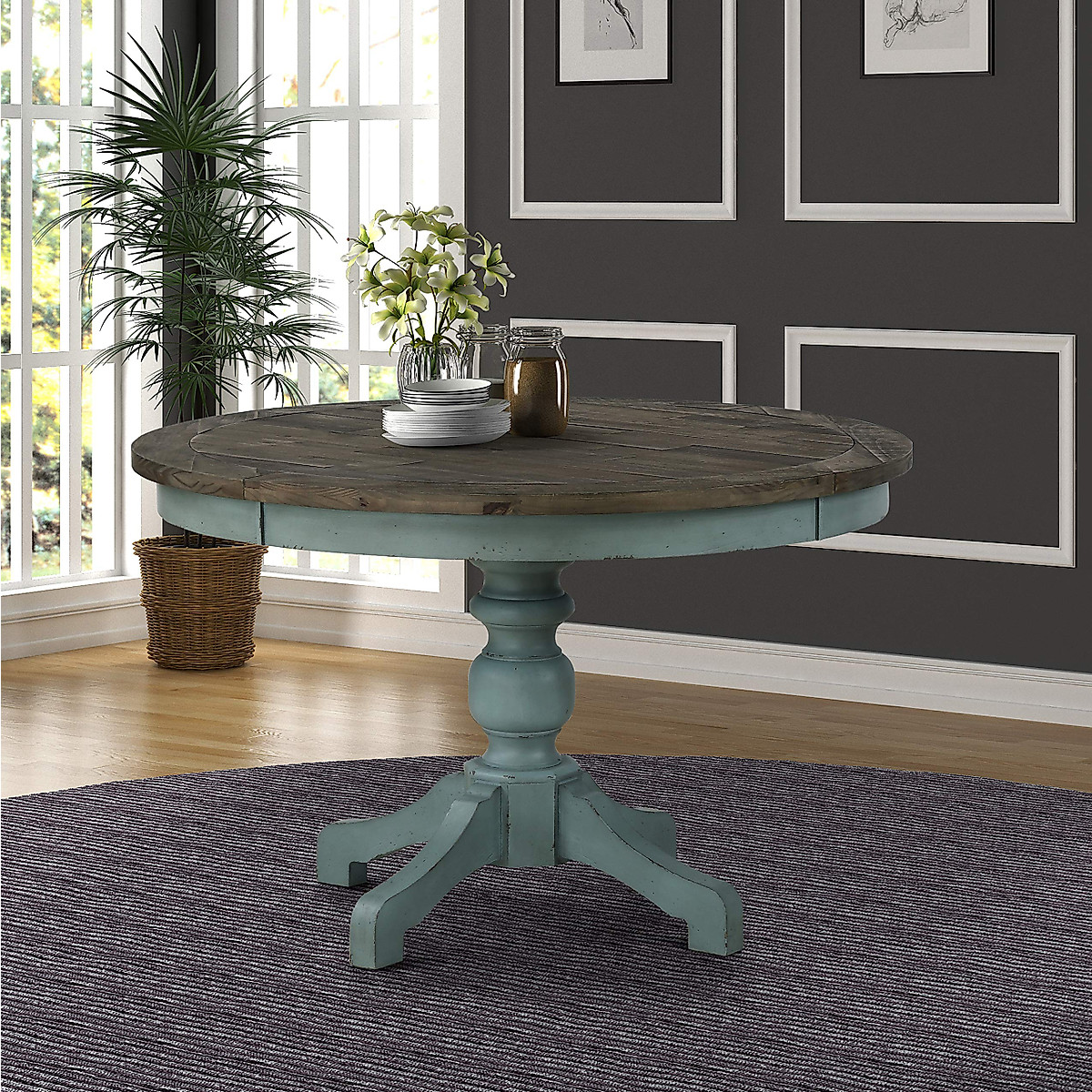Roundhill Furniture Prato 5-Piece Round Dining Table Set with Cross Back Chairs, Antique Blue and Weathered Walnut