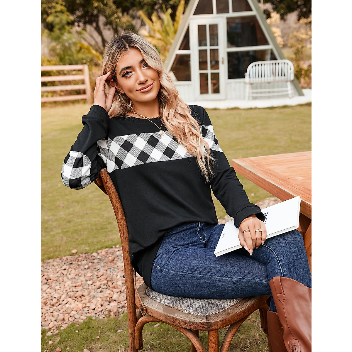 Blooming Jelly Women's Color Block Plaid Shirt Crewneck Sweatshirt Elbow Patches Pullover Sweatshirt Top (Large, Black White Plaid)