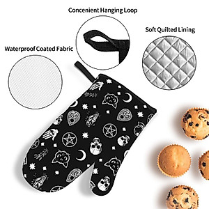 Skull Cat Moon Gothic Pattern Oven Mitts and Pot Holders 4 Pcs Sets Heat Resistant Gloves for Kitchen BBQ Cooking Baking Grilling