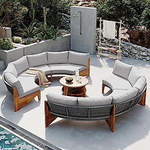 6-Person Outdoor Seating Group with Coffee Table, Half Moon Patio Sectional Sofa Set, All Weather Conversation Sofa Set with Acacia Wood Frame and Thick Cushions for Backyard Poolside (Grey+Acacia)
