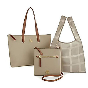 JOY Mangano Luxe Genuine Leather Handbag, Chic Crossbody Plus Shopper Tote ~ Stone