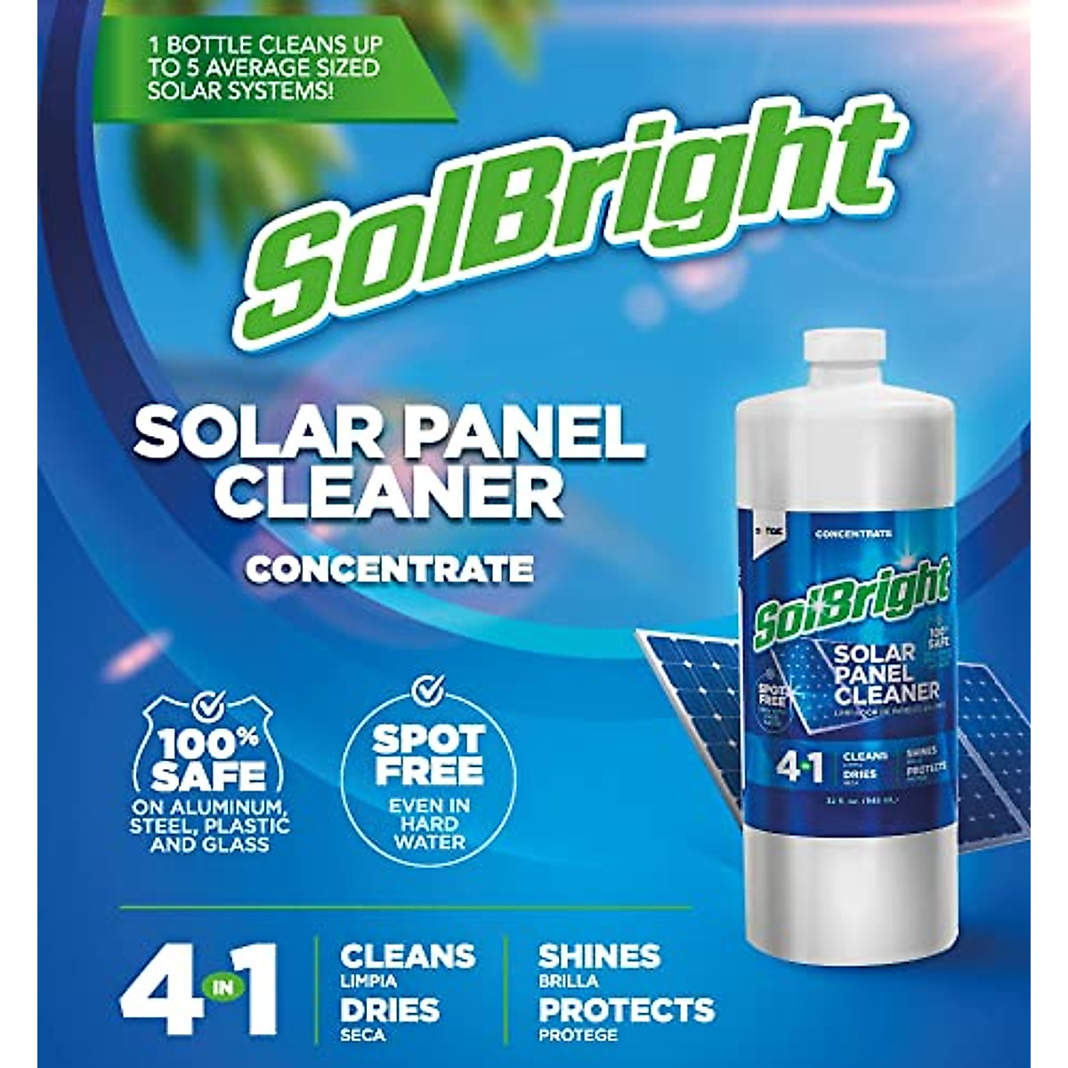 Rotak SolBright 4-in-1 Solar Panel Cleaner Concentrate For PV Solar Panels Spot Free Quick Dry Non-toxic Cleans Up to 10 Solar Systems (32 oz)