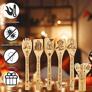 6Pcs Horror Movie Character Cooking Gift Set Wooden Spoons Utensils with Matching Holder - Halloween Movie Merchandise Laser Engraved Bamboo Spoons Set for Horror Movie Gifts, Horror Movie Party Decor