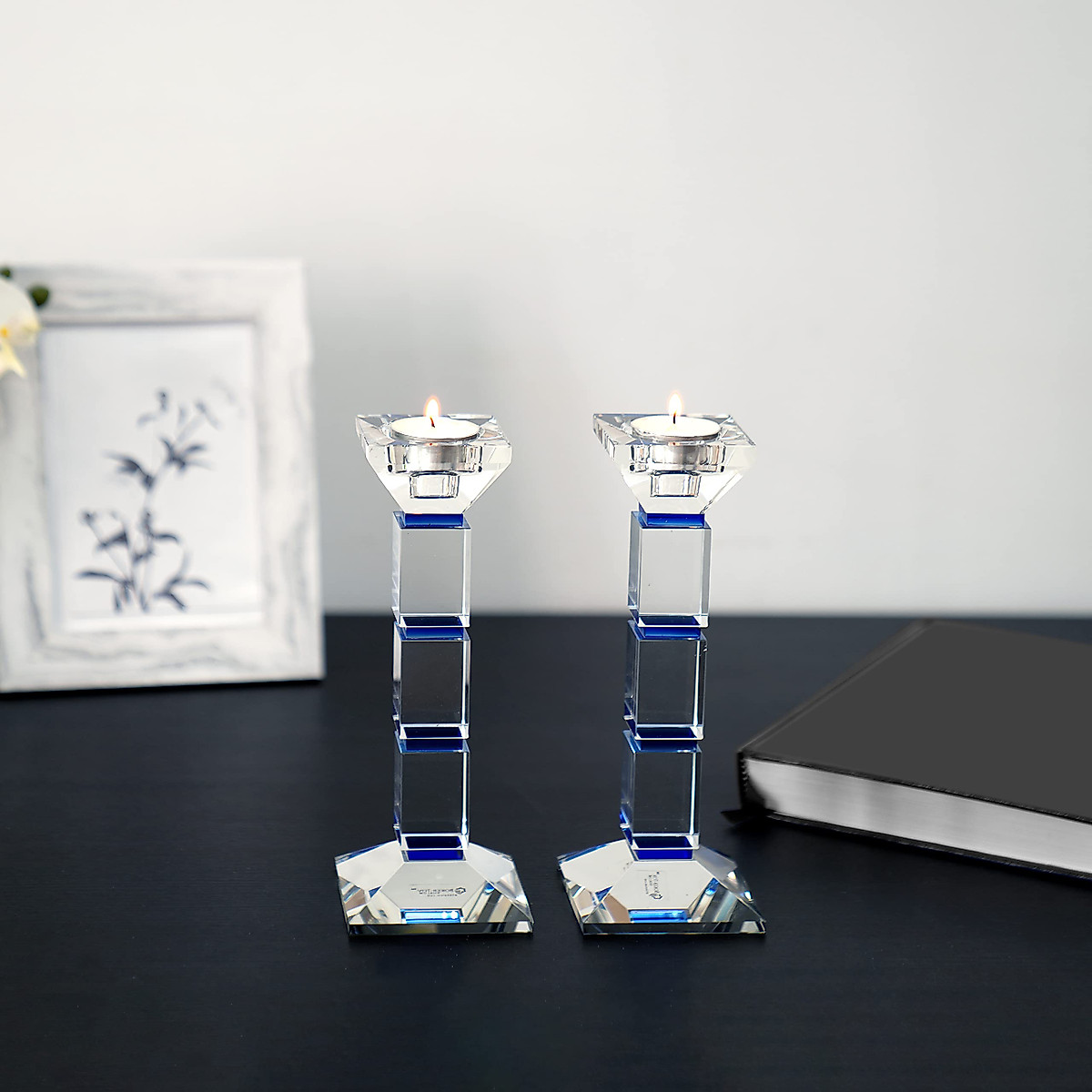 Crystal Candle Holders Set of 2-8" Tall Candlestick holder for Taper Candles and Tea Light Candles (Blue)