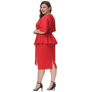Hanna Nikole Peplum Dress for Women Plus Size Wedding Guest with Short Sleeves Sheath Dress Red 22 Plus
