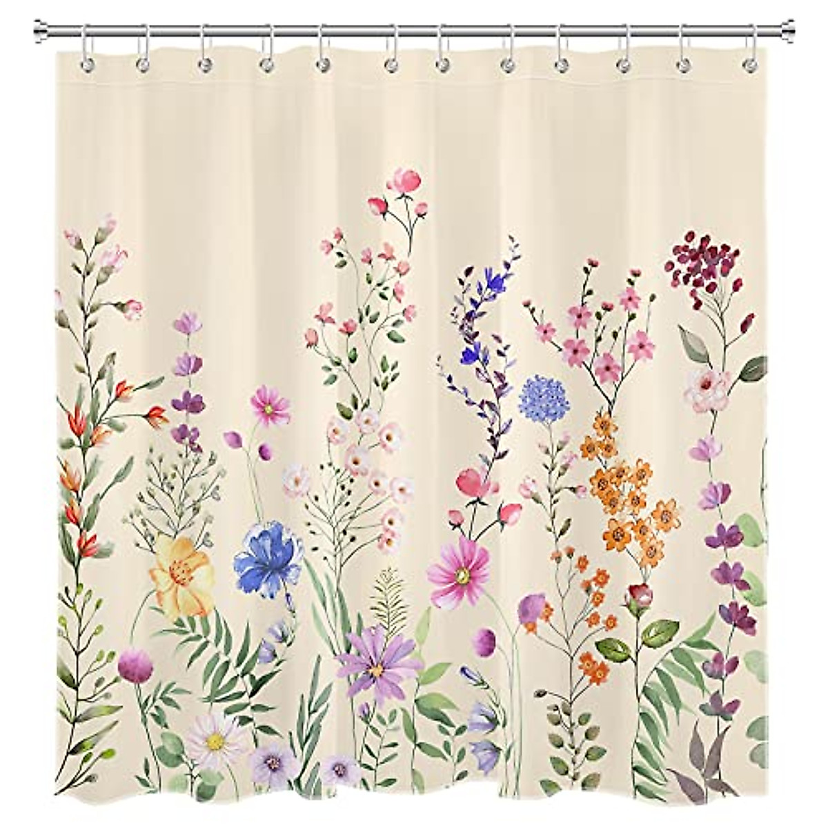 LB Farmhouse Floral Shower Curtain for Bathroom,Nature Colorful Wildflower and Green Botanical on Beige Fabric Shower Curtain with Hooks,Spring Country Theme Bathroom Curtains Shower Set, 72x78 inches