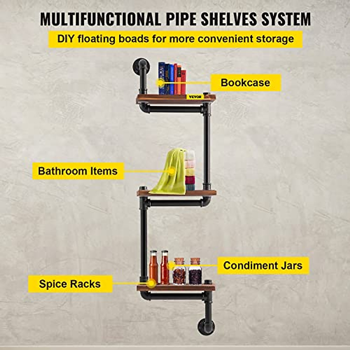 VEVOR Industrial Pipe Shelving, Pipe Shelves with 3-Tier Wood Planks, Rustic Floating Shelves Wall Mounted, Wall Shelf DIY Bookshelf for Bar Kitchen Bathroom Farmhouse Living Room, 9x12x43 inch