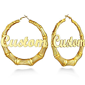 Custom4U Personalized Gold Hoop Earrings with Name Custom Bamboo Elegant Earrings Memory Jewelry Gifts for Women