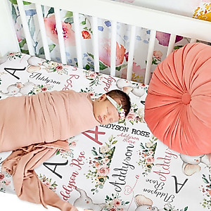 Personalized Crib Bedding Sheets with Pink Gray Elephant , Floral Elephant Monogram Girl Name Fitted Sheet, Custom Portable Crib Mattress Topper for Baby Girls, Mini Crib Sheet | Name Crib Sheets