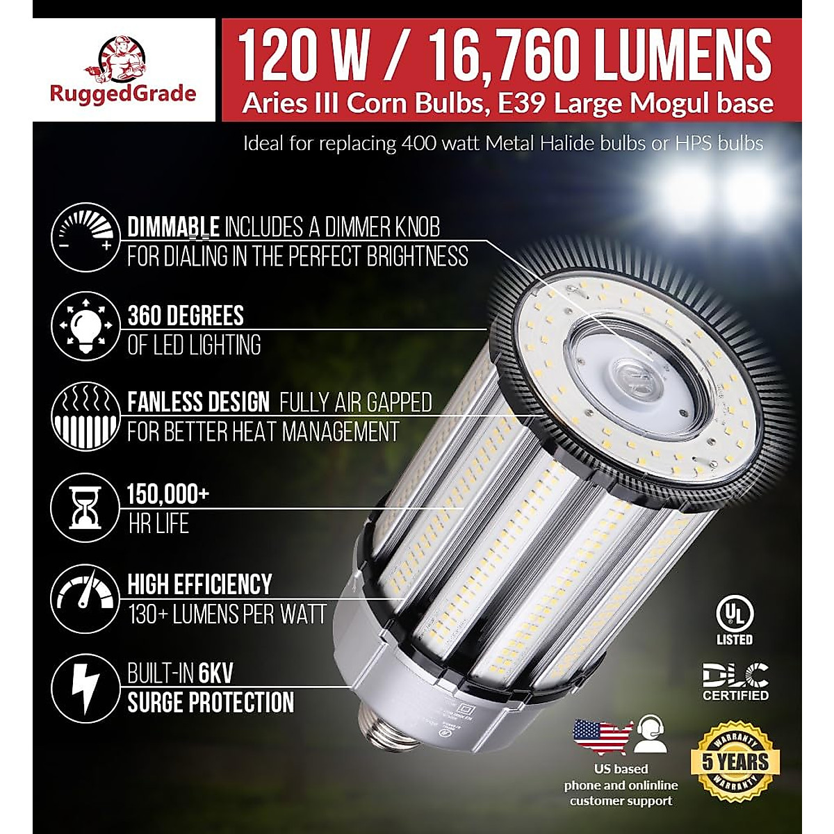 120 Watt LED Corn Bulb - Aries III Series - 16,400 Lumens - 5000K - E39 Large Mogul Base - Built-in 6KV Surge - Dimmable - DLC 5.1