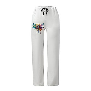 Women's Pants Dragonfly Print Drawstring Straight Wide Leg Loose Fit Lounge Palazzo Pants Lightweight Comfort Trendy Trousers Womens Summer Pants (Blue,S)