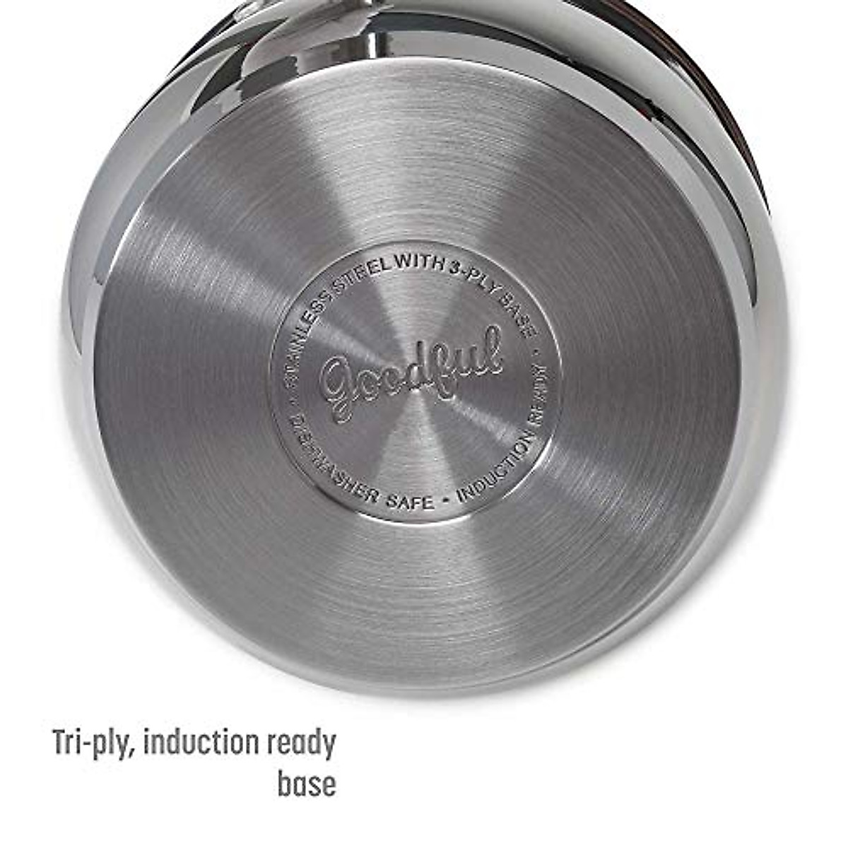 Goodful 12-Piece Classic Stainless Steel Cookware Set with Tri-Ply Base for Even Heating, Durable, Impact Bonded Pots and Pans, Dishwasher Safe Includes Non Stick Frying Pan, Chrome