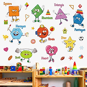wondever Colorful Shapes Wall Stickers Educational Learning Geometry Peel and Stick Wall Art Decals for Toddlers Kids Room Classroom Playroom