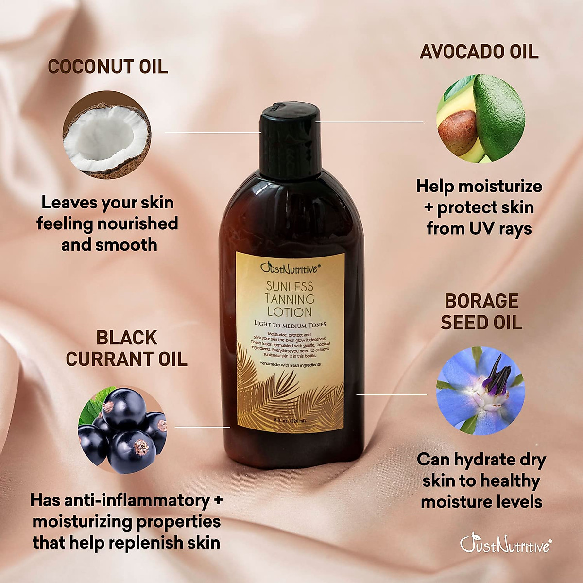 Sunless Tanning Lotion - Light to Medium tones | Indoor Self- Tanner | Body Tanning Lotion | Sun- Kissed Glow| Bronzer Lotion For All Skin Types |Just Nutritive | 8 Oz