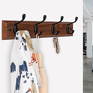 DOKEHOM [2 Pack 4-Black Hooks on Walnut Color Board Wall Mounted Coat Hook Rack Hanger
