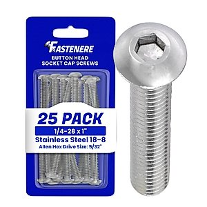 Fastenere Button Head Socket Cap Screws - 1/4-28 x 1" (25 Pack) Stainless Steel 18-8, Full Thread, Bright Plain Finish, Corrosion-Resistant, Machine Thread, Easy to Install w/Allen Socket Drive