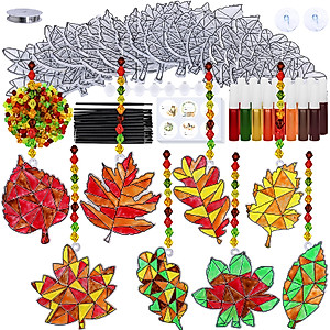 Winlyn 24 Sets Fall Leaf Suncatchers Ornaments Decorations DIY Window Paint Art Suncatchers Craft Kits Autumn Maple Leaf Sun Catchers for Kids Classroom Thanksgiving Harvest Party Art Project