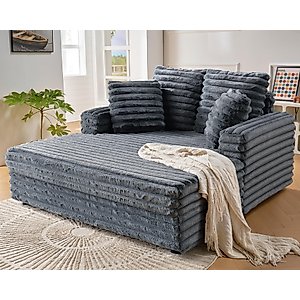 VanAcc 53 Inch Chaise Lounge Indoor, Upholstered Sofa Bed with Throw Pillows and Armrests, Sleeper Chair- Plush Chair Bed for Living Room, Grey