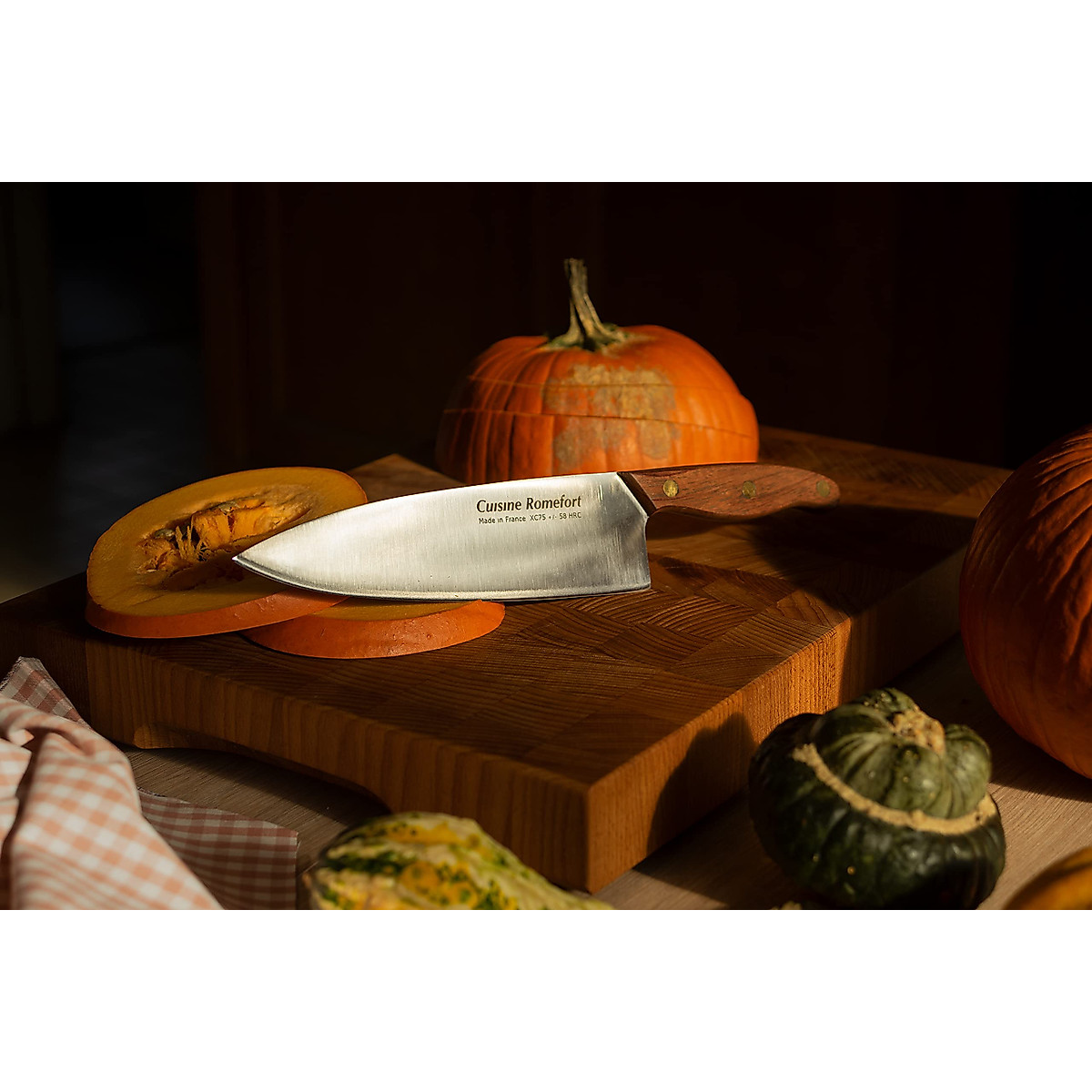 Cuisine Romefort | Sharp Carbon Steel Chef's Knife XC75, 8.7 in blade, with Leather sheath | chef knives with wooden handle | kitchen knife hardened with 58 Rockwell