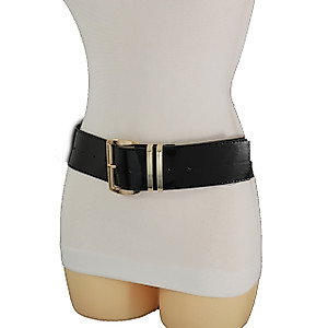 TFJ Women Fashion Wide Belt Faux Leather Metal Buckle Plus Size L XL (Black - patent faux leather)