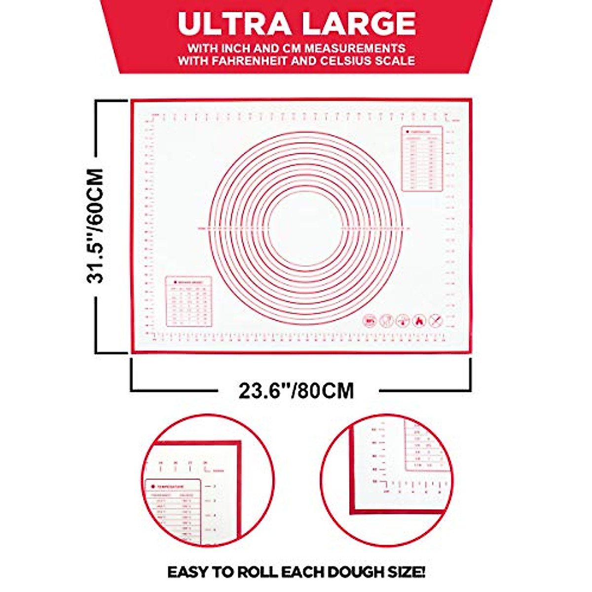 Extra Large, Thick Silicone Pastry Mat, Non-stick, Non-Slip, Baking mat, Dough Rolling Mat 24’’ (W) x 32’’ (L)